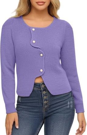 Generico Cardigan léger avec boutons en perle et col rond Veste élégante et ludique pour lautomne Veste courte en tricot pour femme avec boutonnage asymétrique