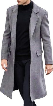Generic Manteau long d&eacute;contract&eacute; &agrave; col crant&eacute; pour homme, coupe ajust&eacute;e, long manteau thermique &agrave; simple boutonnage, gris, 3XL