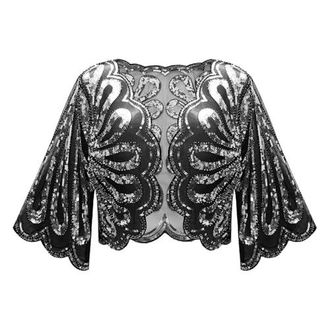 Generic Cardigan r&eacute;tro des ann&eacute;es 1920 pour femme - &Eacute;l&eacute;gante cape &agrave; paillettes l&eacute;g&egrave;re ouverte sur le devant mince v&ecirc;tement dext&eacute;rieur coupe ajust&eacute;e, Argent&eacute;.,