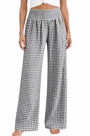 Lazutom Pantalon palazzo l&eacute;ger vichy &agrave; jambe large pour femme - Taille haute smock&eacute;e - &Agrave; enfiler avec poches, noir, Medium