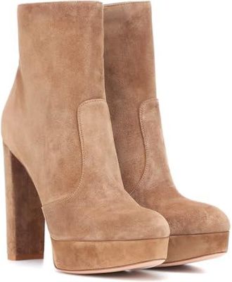 Generic Bottines à Plateforme pour Femmes, Talons Hauts et Blocs épais, Bottines Courtes Classiques en Daim pour Banquets Chaussures Habillées Marron à Bout R