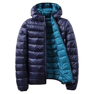 Generic Manteau court en duvet pliable pour femme - Doudoune &agrave; capuche - V&ecirc;tement dext&eacute;rieur ultra l&eacute;ger, bleu marine, 4XL