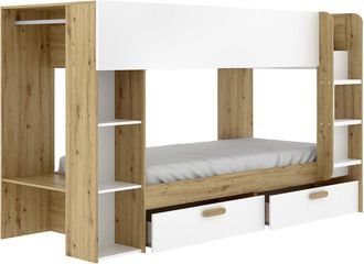 Vente-Unique Etagenbett 2 x 90 x 200 cm mit Stauraum und Kleiderstange - Wei&szlig; & Holzfarben - OZANA