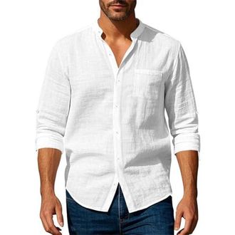 Generic Chemise d&eacute;contract&eacute;e &agrave; manches longues en lin pour homme - Col montant - Chemise de plage l&eacute;g&egrave;re avec poche pour v&ecirc;tements de vill&eacute;giature, blanc, XXL