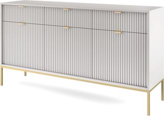 Selsey VELLORE - Kommode 3-t&uuml;rig mit 3 Schubladen, Grau mit geriffelten Fronten mit goldenen Metallbeinen, 154 cm