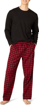 Amazon Essentials Herren Flanellhose und lang&auml;rmeliges T-Shirt als Pyjama-Set, Kirschrot/Schwarz Klassisches Buffalo-karo, XS