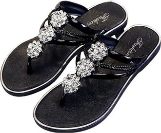 Onsoyours Sandalen Damen Strand Hausschuhe Sommer Freizeit Flip Flops Bohemian Sommerschuhe Flach Zehentrenner mit Strass B Schwarz 37 EU