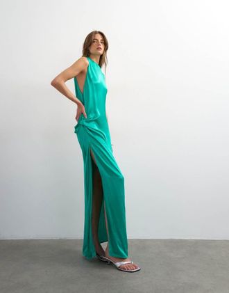 Topshop Robe longue asym&eacute;trique sans manches en satin drap&eacute; - Vert &eacute;meraude-Orange