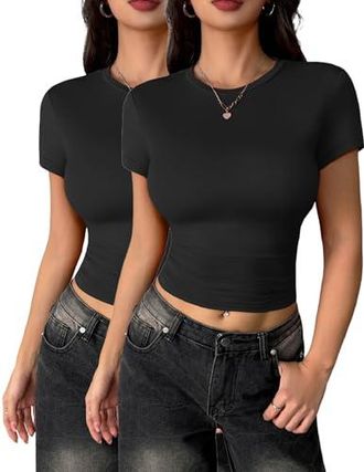 Zeagoo Pack de 2 Femme Tee Shirt &agrave; Manches Courtes Col Rond T-Shirt &Eacute;t&eacute; D&eacute;contract&eacute; Court Top Slim Fit Basique Uni Haut Noir L