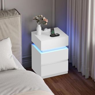 Woltu Lot de 2 Table de Chevet Woltu Table de Nuit led, avec Station de Charge, 2 Prises, 2 Ports usb, 2 Tiroirs, 1 Casier, Blanc