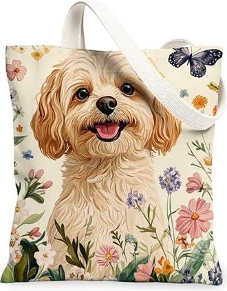 Generic Sac fourre-tout en toile motif cavachon printanier pour le shopping, 33 x 38,1 cm, sac d&eacute;picerie r&eacute;utilisable pour femme, animal de compagnie, peintur