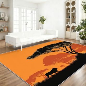 Generic Tapis &agrave; Motif Savane Africaine Naturelle Lions Grand Antid&eacute;rapant &agrave; Poils Courts Doux Chambre Poil Ras de Sol Couleur Orange, 120 x 180 cm