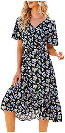 Generic Robe boh&egrave;me 2026 pour femme avec col en A, imprim&eacute; boh&egrave;me, courte, motif floral, d&eacute;contract&eacute;, manches rondes, Noir, S
