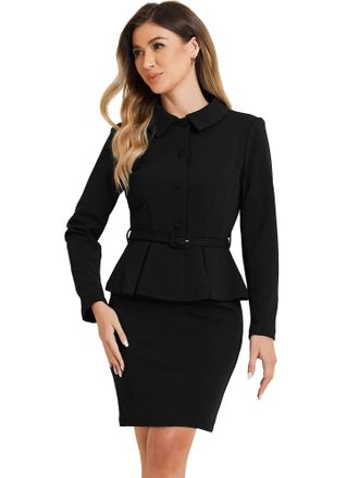 Allegra K Damen 2-Teilige Business Anz&uuml;ge Sch&ouml;&szlig;chen Blazer Jacken und Bleistiftrock Sets Schwarz XL