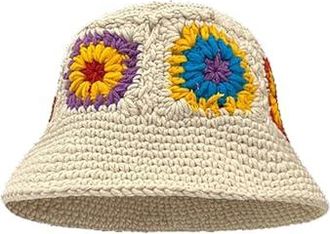 Generic Chapeau bob avec image en crochet pour femme - Bonnet tricot&eacute; fait &agrave; la main - Pliable - Chapeau de plage tendance mignon &agrave; rayures florales - Chapeau
