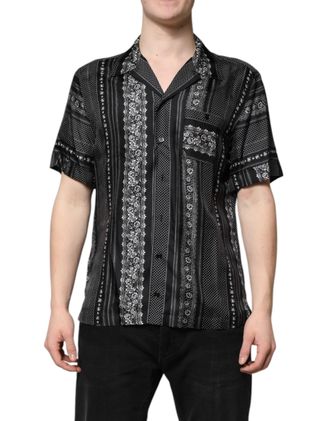 Dolce & Gabbana Mens Black Silk Floral Print Short Sleeves Shirt