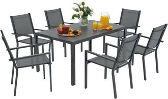 OUTSUNNY Table de jardin ext&eacute;rieure avec 6 chaises empilables - Outsunny - plateau &agrave; lattes 150 cm - structure en acier anti-rouille - gris