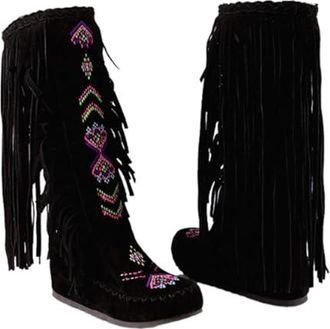 Generic Bottes de Cowboy &agrave; Pompons pour Femmes, Bottes dhiver Plates en Daim mi-Mollet, Style Ethnique r&eacute;tro, &agrave; Enfiler, id&eacute;ales pour Une soir&eacute;e de Mariage ou