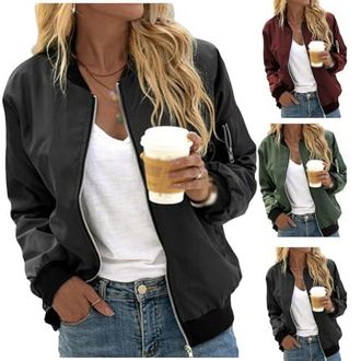 Generic Vestes pour femme - Veste bomber &agrave; fermeture &eacute;clair int&eacute;grale - Veste courte et l&eacute;g&egrave;re - Manteau d&eacute;contract&eacute; &agrave; fermeture &eacute;clair avec poches, Noir, 3XL