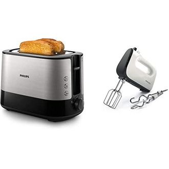 Philips HD2637/90 Toaster, Kunststoff, Schwarz/Edelstahl & HR3741/00 Handmixer (450 Watt, 5 Geschwindigkeiten plus Turbo) wei&szlig;/schwarz