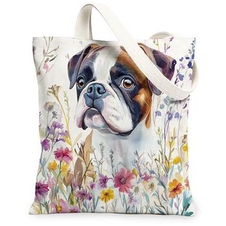 Generic Sac fourre-tout en toile motif chien boxer printanier 33 x 38,1 cm, sac r&eacute;utilisable &agrave; motif imprim&eacute; aquarelle pour femme, animal domestique, peinture