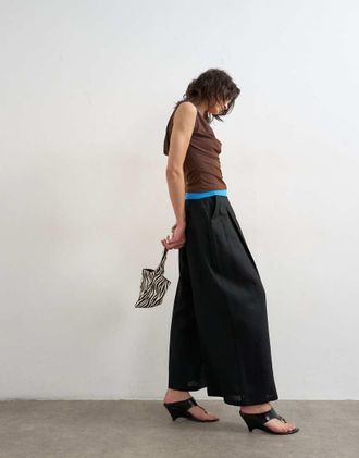 Topshop Pantalon large coupe trap&egrave;ze en lin m&eacute;lang&eacute; - Noir