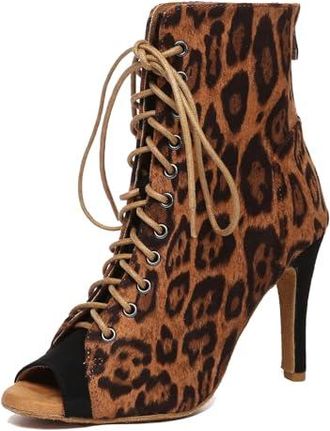 Minitoo Chaussures de danse latine pour femme - Lacets ouverts - Sandales formelles, C004 Leopard 9 Talon 8 cm, 36.5 EU