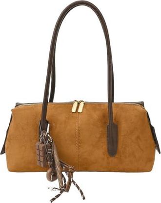Generic Sac &agrave; bandouli&egrave;re en cuir synth&eacute;tique givr&eacute; avec pendentif, style d&eacute;contract&eacute;, couleur unie, style Boston, marron, 13.58x5.91x3.94inch
