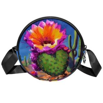Generic Petit sac &agrave; bandouli&egrave;re rond pour femme, motif fleurs de cactus avec fermeture &eacute;clair, bretelles r&eacute;glables, sac &agrave; main rond d&eacute;contract&eacute; pour femmes et