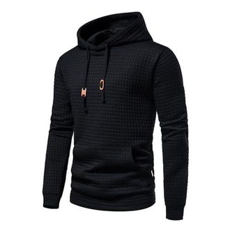 Generic Pull &agrave; capuche pour homme, sweat-shirt &agrave; carreaux gaufr&eacute;s, extensible, d&eacute;contract&eacute;, v&ecirc;tement de sport avec cordon de serrage, coupe ample, couleur uni