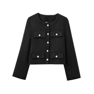 Generic Veste &eacute;l&eacute;gante &agrave; col rond for femme, manteau de style tweed &agrave; manches longues avec bordure tiss&eacute;e, blazer tricot&eacute; polyvalent for le bureau et le quoti