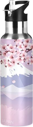 Mnsruu Fuji Japan Kirschblüte Trinkflasche Wasserflasche mit Strohhalm für Sport, 600ML Thermosflasche BPA-frei Isolierflasche Edelstahl 18/8 für Kinder Wand