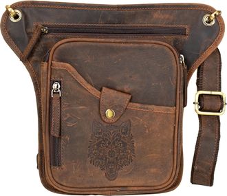 MDM Biker Motorrad Beintasche H&uuml;ft-, G&uuml;rteltasche mit Wolf-Pr&auml;gung, Beinbeutel mit Oberschenkel Gurt (Braun)
