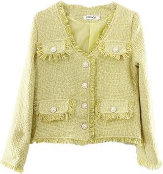 Generic Veste en tweed jaune pour femme, printemps/automne/hiver, veste à col rond une pièce, jaune, L