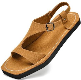 Generic Sandales plates l&eacute;g&egrave;res en cuir pour homme avec bout carr&eacute; ouvert et sangle r&eacute;glable confortables antid&eacute;rapantes cousues &agrave; la main pour la plage d&eacute;con