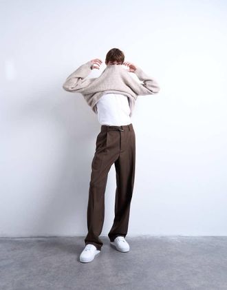 Topman Elegante Twill-Hose in Schokobraun mit weitem Bein und G&uuml;rtel-Brown