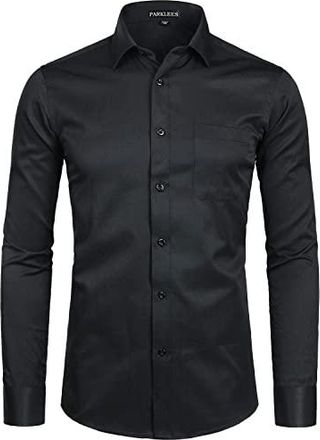 PARKLEES Chemise &agrave; manches longues pour homme en serg&eacute; solide coupe classique avec poche, Noir, XL