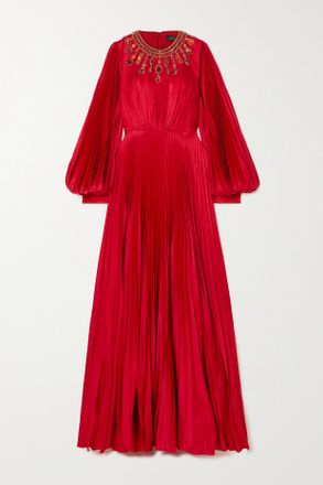 Andrew Gn Robe Aus Plissiertem Seidensatin Mit Kristallen - Rot