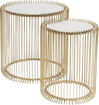 Kare Design Design Beistelltisch Wire (2/Set), Brass, 45cm Durchmesser, Beistelltisch, Nachttisch, Stahgestell, Glas Tischplatte verspiegelt, 46x45x45 cm (H/B/T),