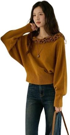 Generic QXDZSW Pulls Femmes Style Orange Lotus Edge Crew Neck Lanterne Manches Top Slim Femmes Pulls, Orange r&eacute;tro, Taille unique