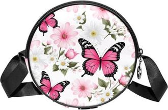 Generic Sac &agrave; bandouli&egrave;re rond pour femme, marguerites et papillons, petit sac &agrave; bandouli&egrave;re avec fermeture &eacute;clair, bretelles r&eacute;glables, sac &agrave; main rond d&eacute;con