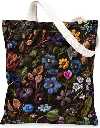 Generic Sac fourre-tout en toile r&eacute;utilisable avec motif imprim&eacute; floral sur le th&egrave;me du tricot pour femme - Motif floral - 33 x 38 cm
