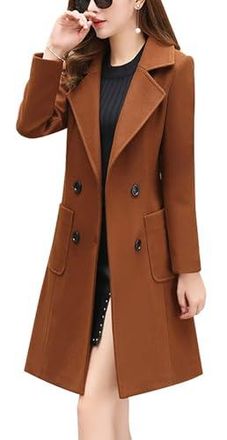 Generic Manteau &eacute;l&eacute;gant en laine m&eacute;lang&eacute;e &agrave; double boutonnage et col crant&eacute; pour femme (Marron,S)