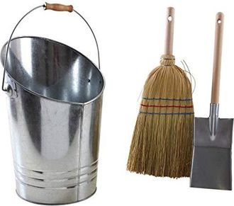 Aubry Gaspard Kit Entretien Chemin&eacute;e Seau Balai et Pelle - Zinc et Bois - Dimensions Seau 30 x 39 cm - Pelle 47 cm - Balai 44 cm - Id&eacute;al pour Nettoyage et Rangement