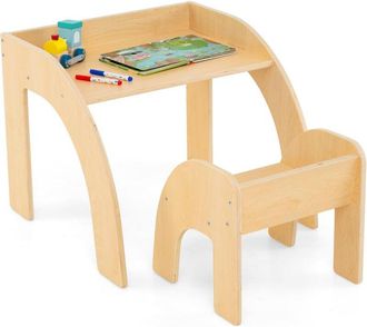 Costway Costway - Table Enfant avec Chaise & Grand Plateau, Table et Chaise Enfant en Bois avec Accoudoirs Courb&eacute;s, Table dActivit&eacute; pour Lire Manger Jouer