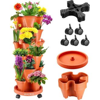 Apex Lot de 6 Pots de Fleurs Empilable, Jardini&egrave;re en Tour,Pot de Fleurs Design, Couleur Terre Cuite,avec roulettes pour Herbes et Jardin