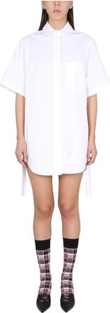 Thom Browne Femme, Robes, Blanc, Taille: 36 FR Thigh Length S/S Supersized Gathered Side Seams Shirt Dress in Heavy Poplin