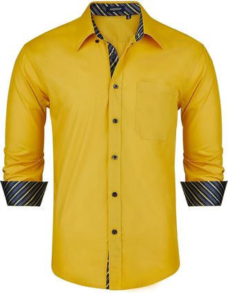 Hisdern Herren Hemd Gelb Langarm Regular Fit Formale Herren Hemd Business Freizeithemden Button Down Arbeit Hochzeit mit Taschen 2XL