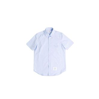 Thom Browne Homme, Chemises, Bleu, Taille: M Chemise &agrave; Manches Courtes Unie en Popeline avec Broderie Raquette de Tennis