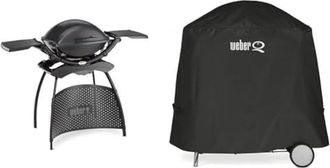 Weber Q2400 Elektrogrill, 55 x 39 cm, mit Standfuss & ausklappbaren Seitentischen, Dunkelgrau (55020879) & 7120 Abdeckhaube Premium, schwarz, 88,9 x 67,3 x 